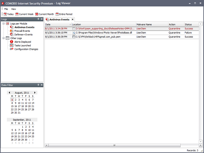 Antivirus Scan Report, Antivirus Events Log | Internet Security v5.9/5.10